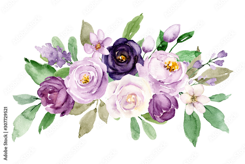 Violet flowers watercolor, floral clip art. Bouquet roses perfectly for ...