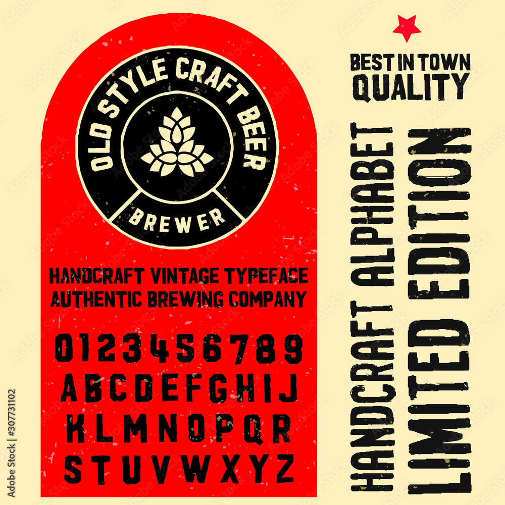 " beer " typeface. Vector hand crafted font in medieval style with hops ...