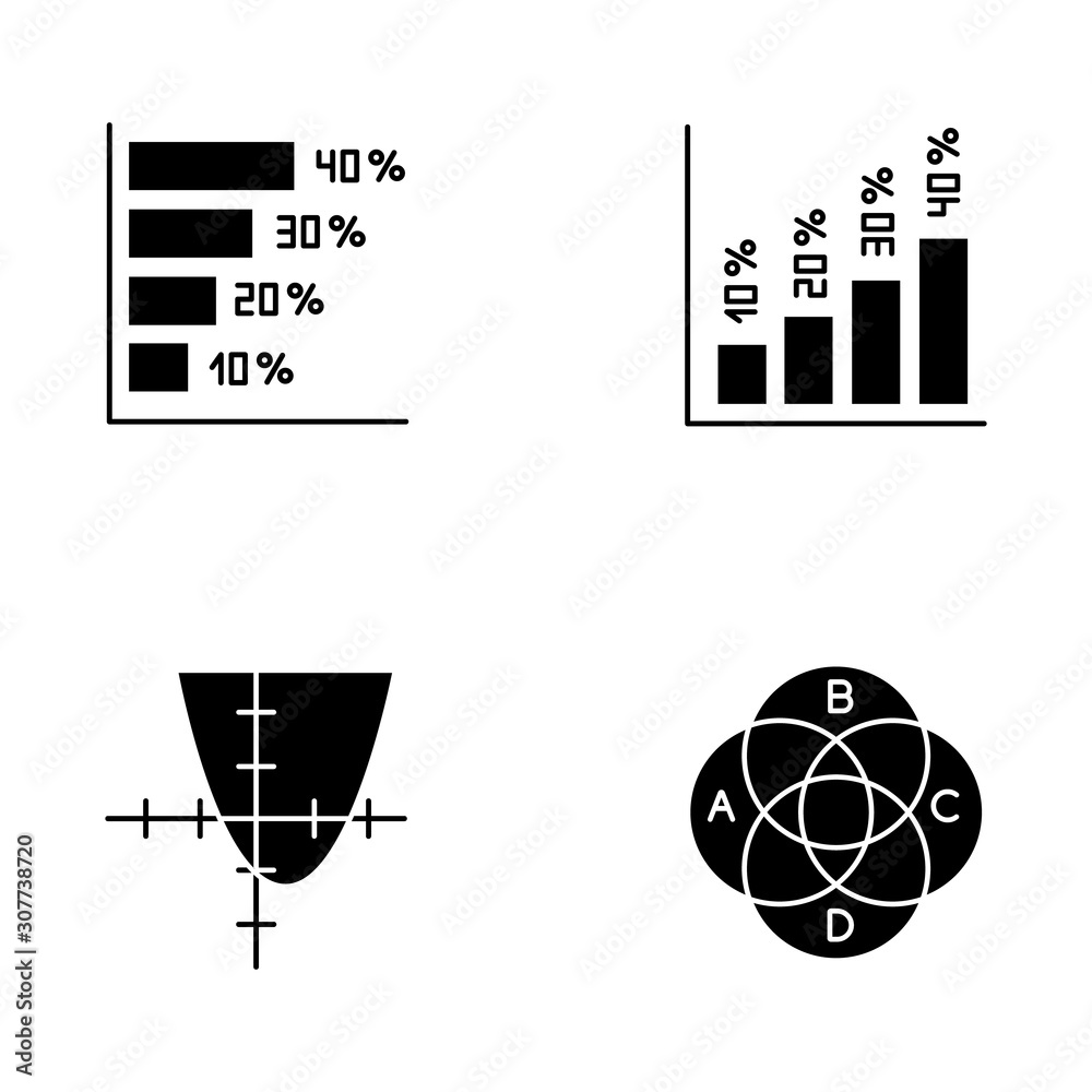 Chart and graph glyph icons set. Horizontal and vertical histogram with ...