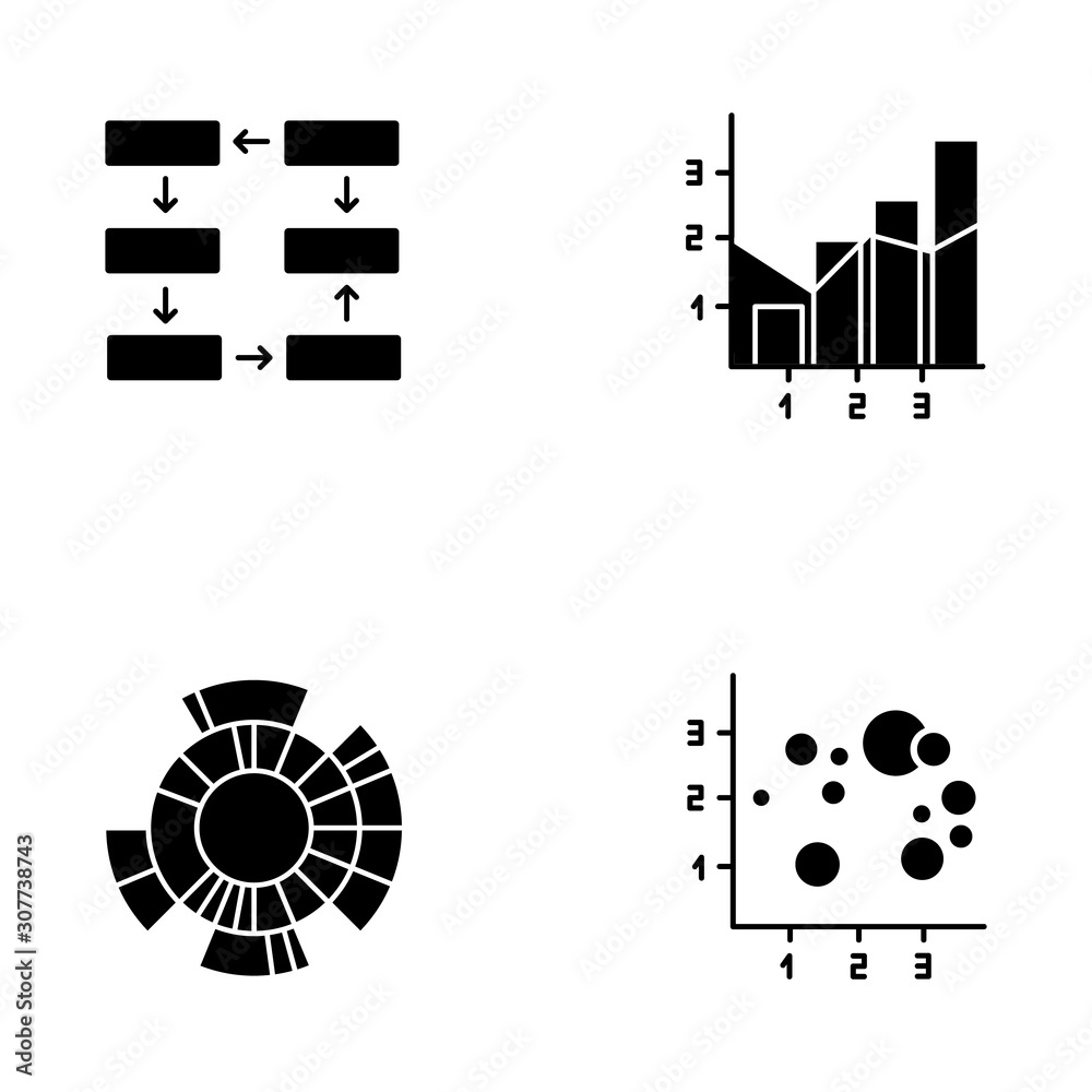 Chart and graph glyph icons set. Data connection. Process steps ...