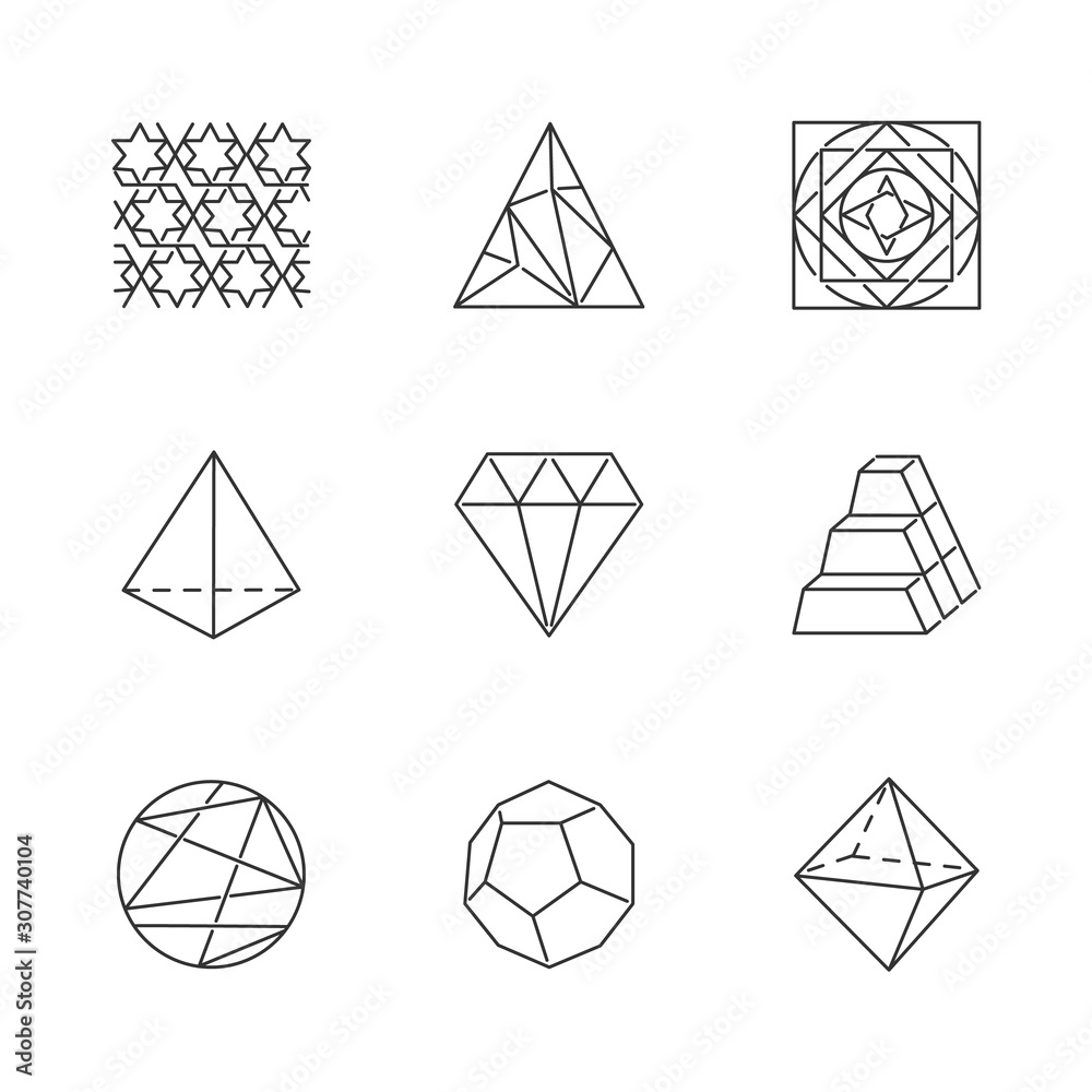 Geometric figures linear icons set. Abstract shapes. Isometric forms ...