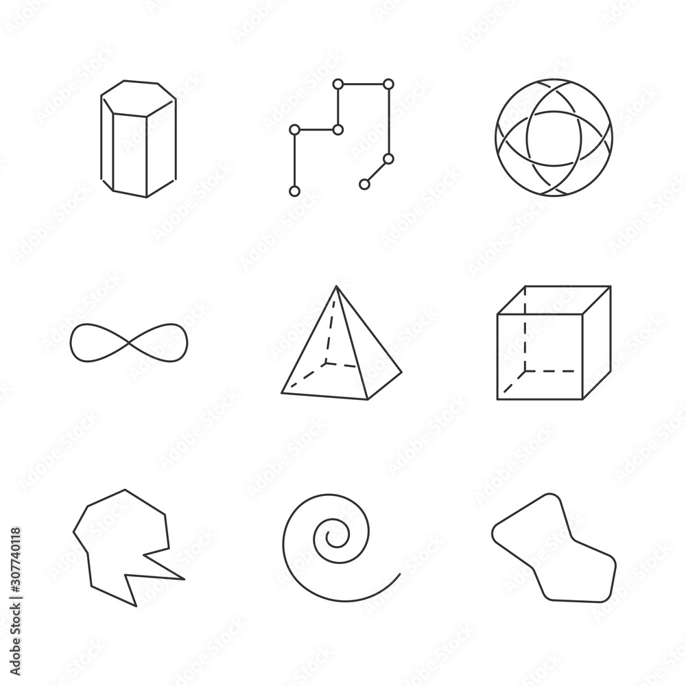 Geometric figures linear icons set. Prism, circle. Eternity sign ...