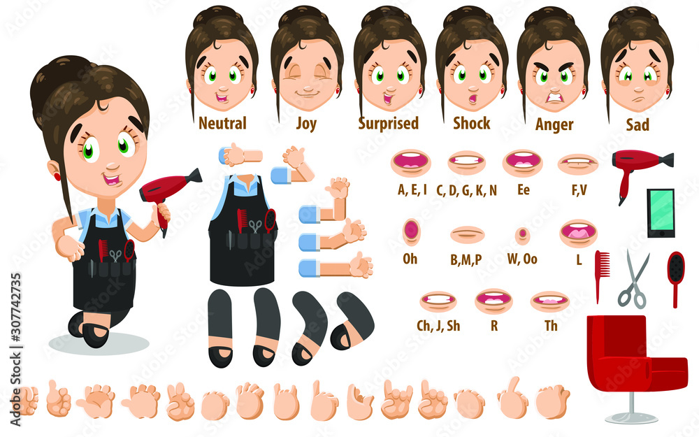 Cartoon hairdresser woman constructor for animation. Parts of body ...