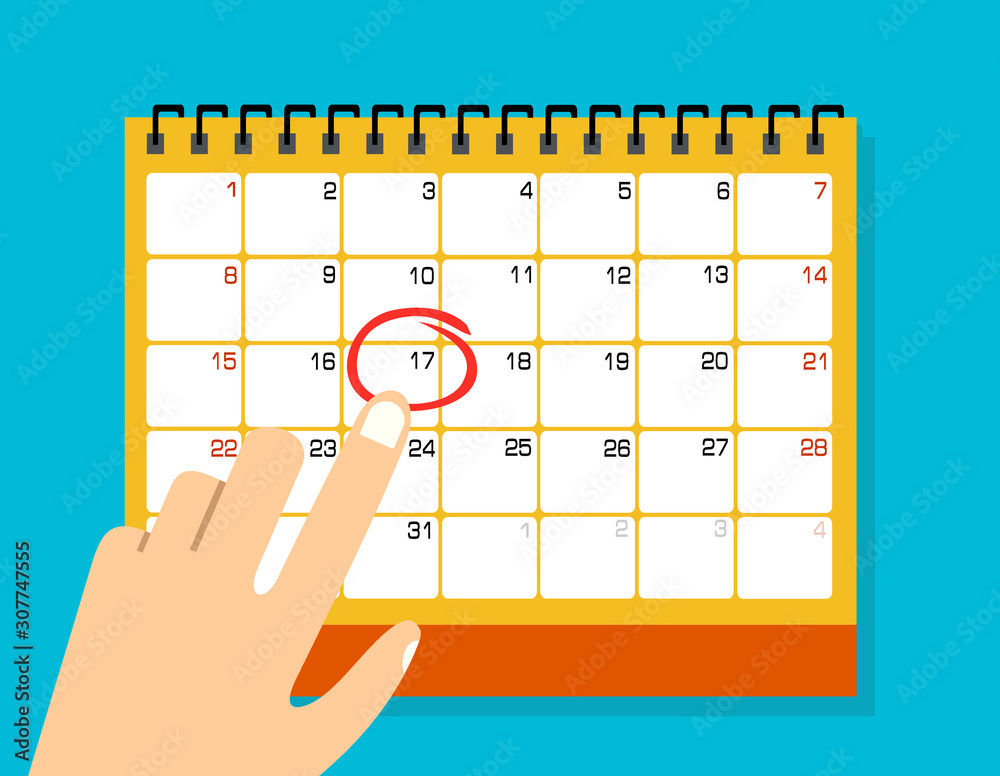 Paper spiral wall calendar and hand. Calendar flat icon. Schedule ...