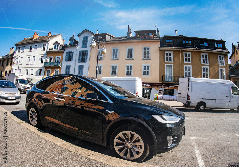 CHAMBERY, FRANCE - CIRCA 2018: Front view Luxury Tesla Model X electric ...