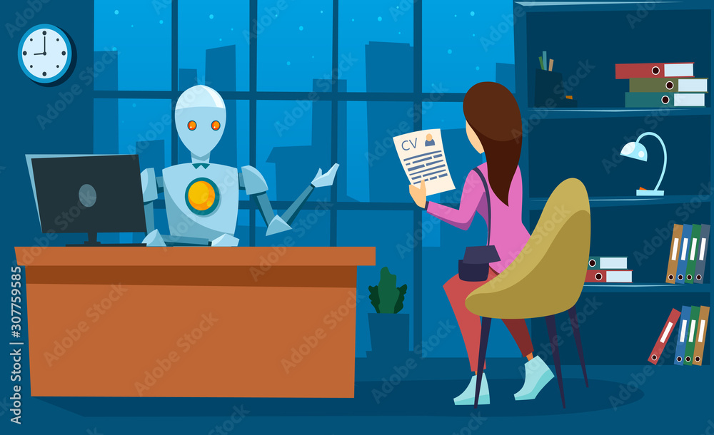 Robot businessman boss and female candidate with cv resume in the ...
