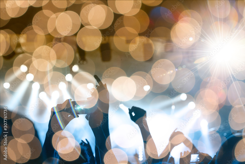 Colorful photograph of a concert crowd inside a music venue. People ...