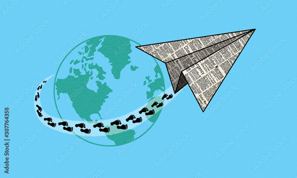 Paper plane made of old newspaper with global warming and climate ...