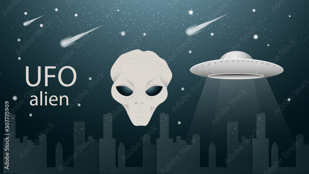 flying saucer UFO and alien face banner design dark blue background ...