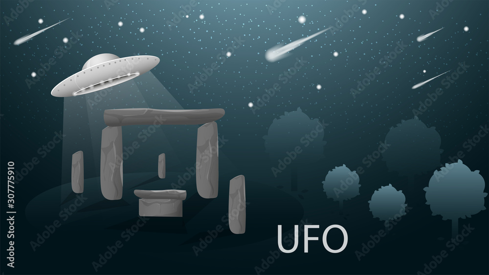 flying saucer UFO flying over Stonehenge banner design in dark blue ...