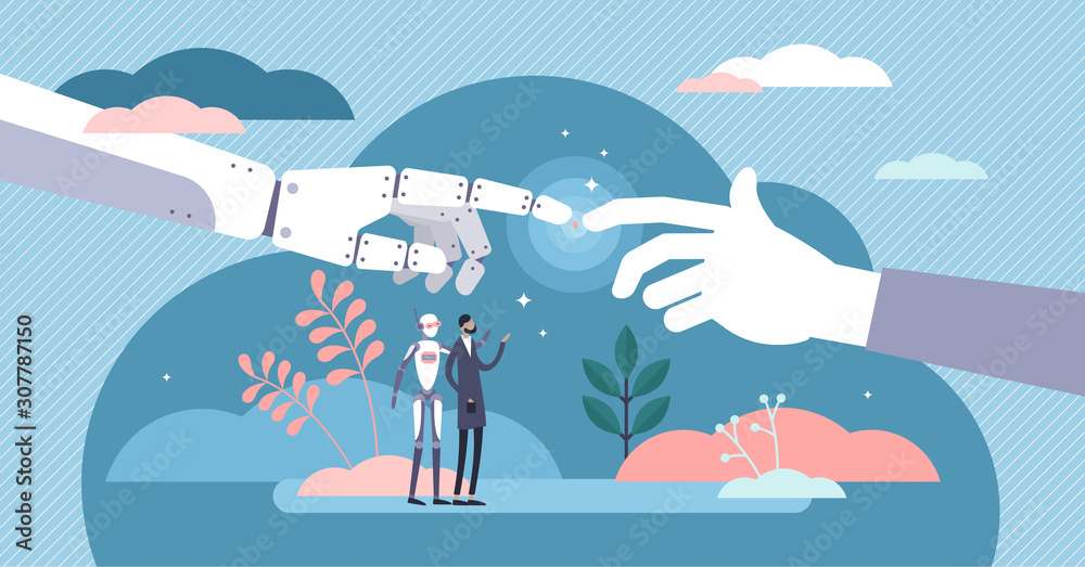 Humans and robots vector illustration. Cooperation in tiny persons ...