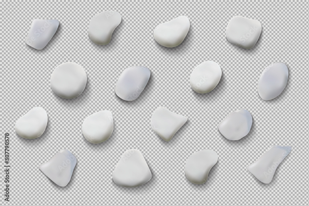 Set of clean gray, white pebbles stones of different shapes with shadow ...