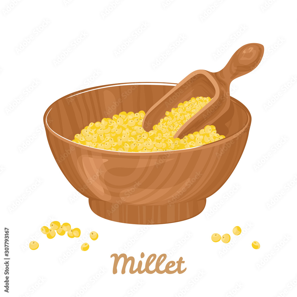 Millet groats in wooden bowl and with spoon isolated on white ...