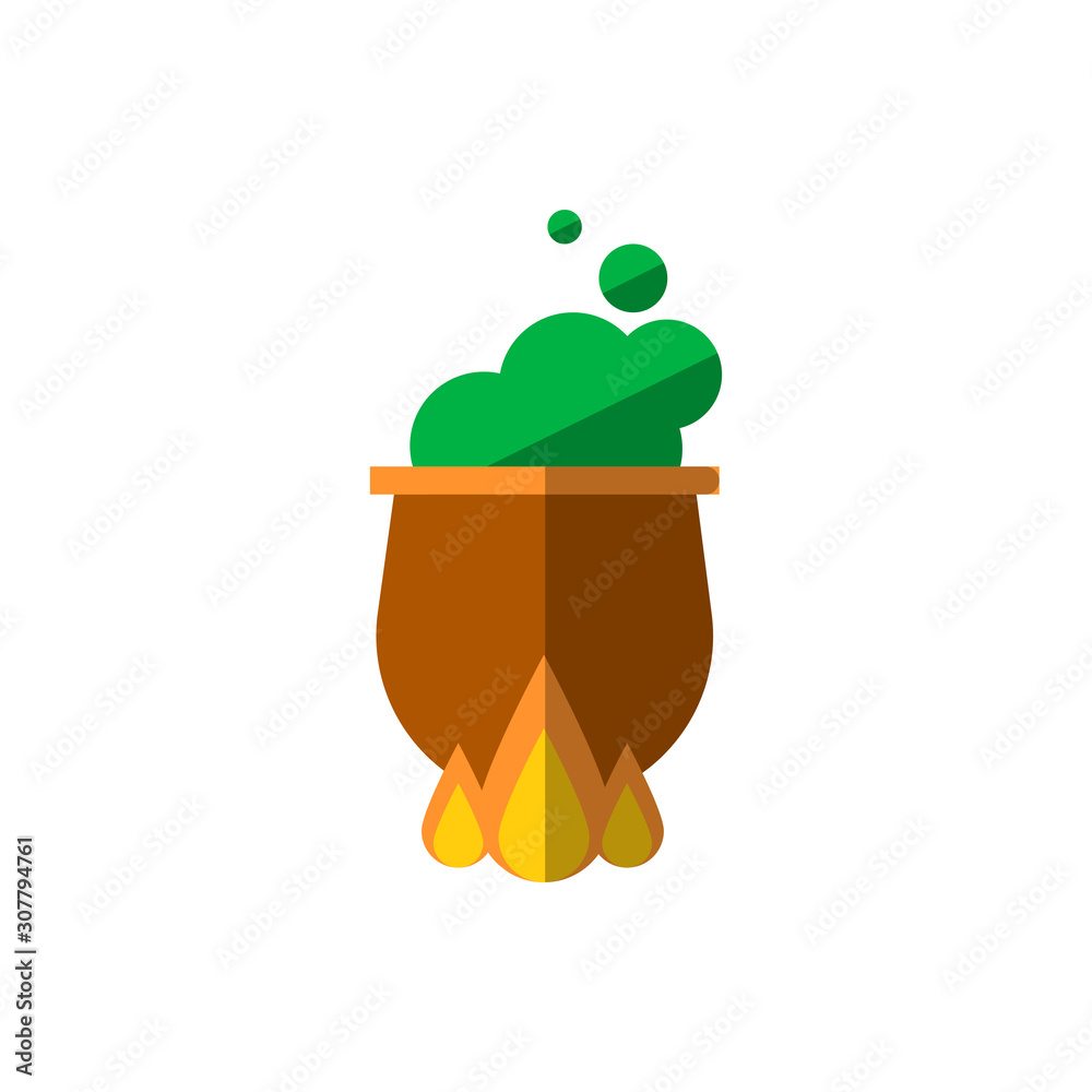 Witch cauldron with bubbling green liquid isolated on white background ...