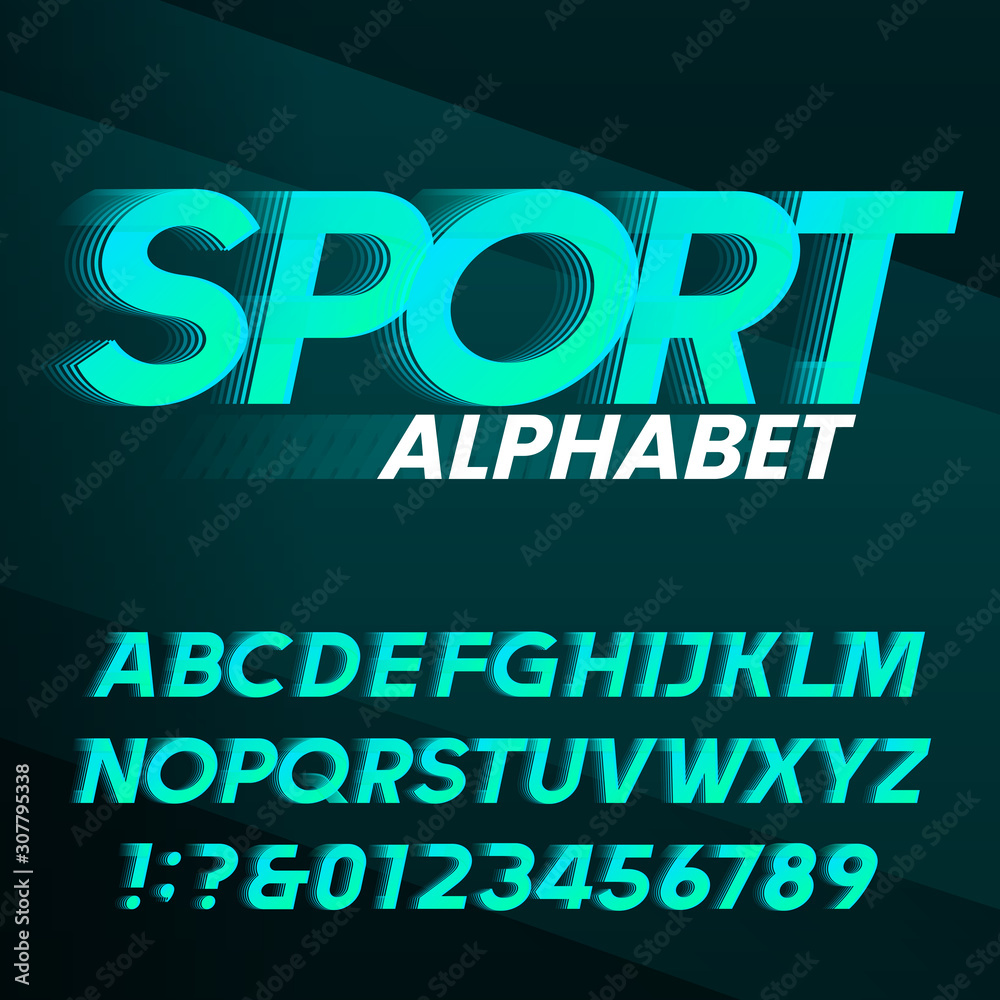 Sport alphabet font. Fast wind effect oblique letters and numbers ...