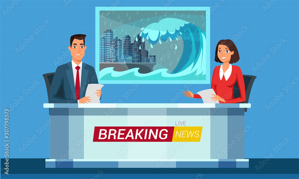 Live breaking news flat illustration. TV studio interior vector ...