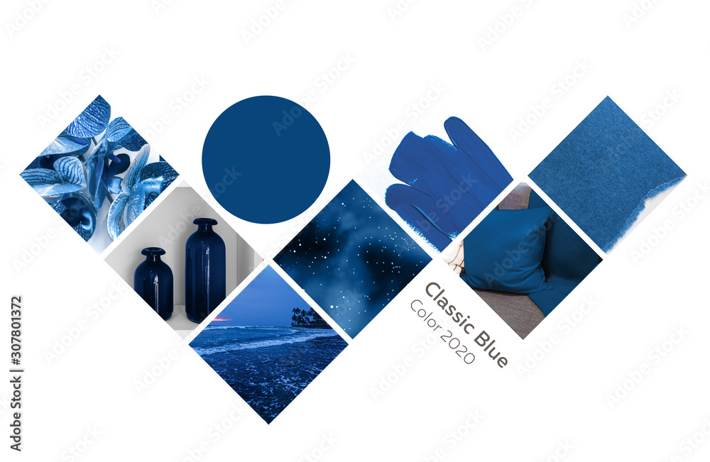 collage of pictures in blue color from photographs of the interior and ...