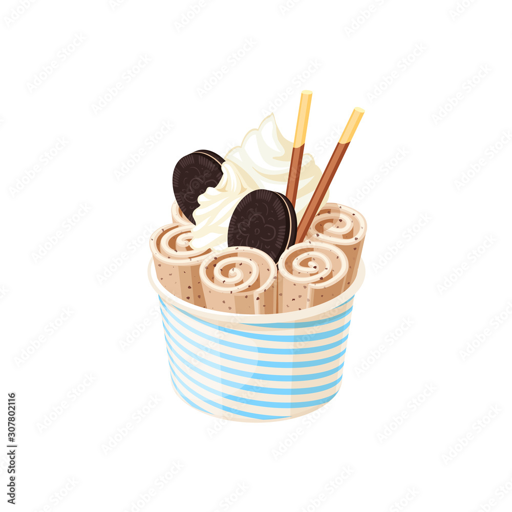 Basket of stir fried chocolate ice cream rolls under whipped cream ...