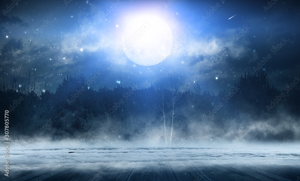 Empty night nature scene. The night starry sky, the rays of the blue ...