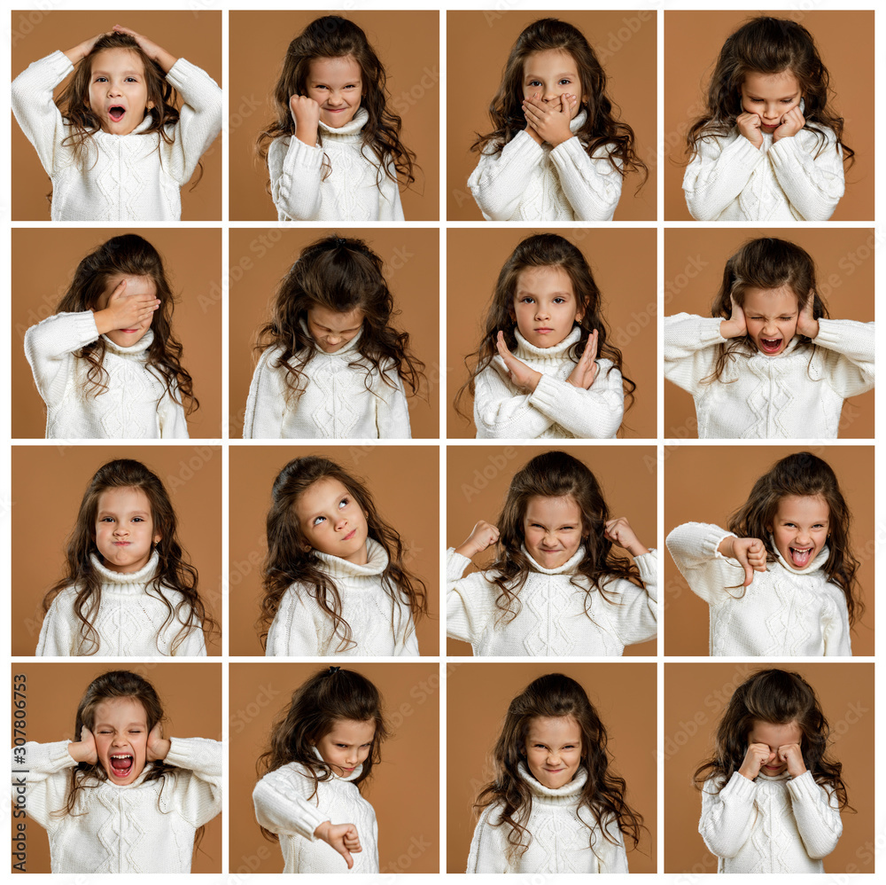 collage of portraits of little girl with different sad and angry ...