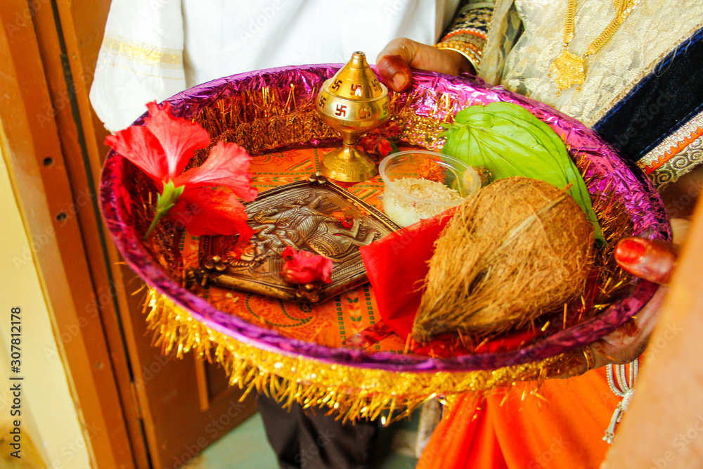 Traditional indian wedding ceremony : pooja thali Stock Photo | Adobe Stock