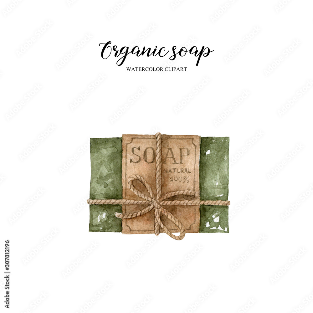 One piece of organic soap in a recyclable wrapper-watercolor ...