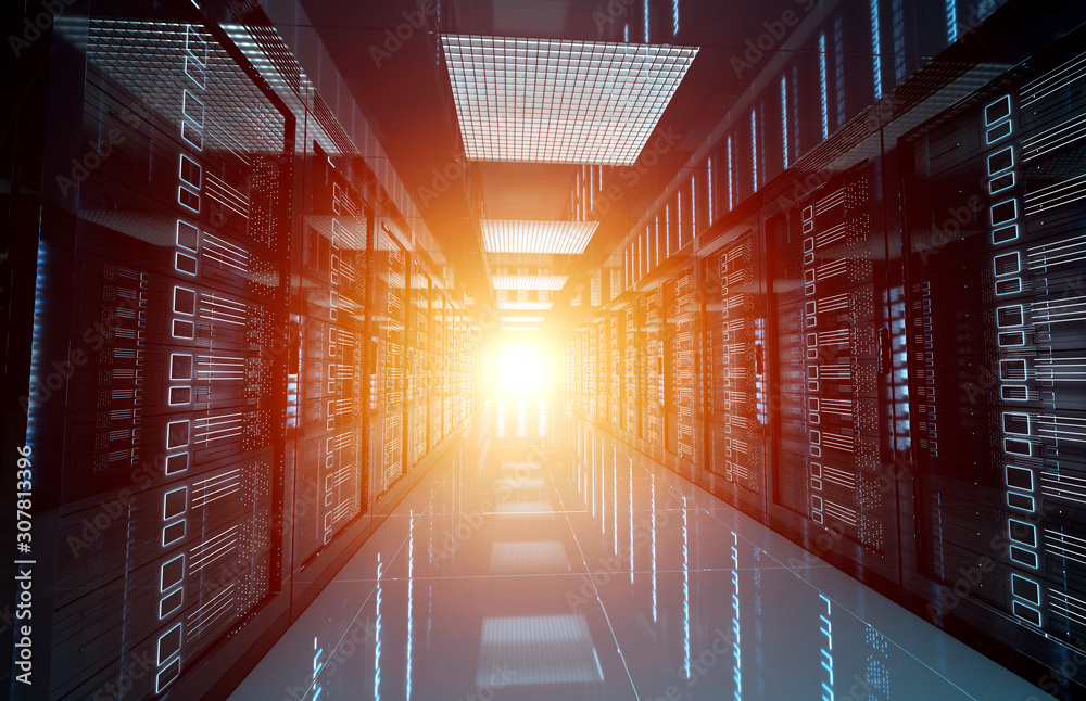 Dark servers data center room with bright halo light through the ...
