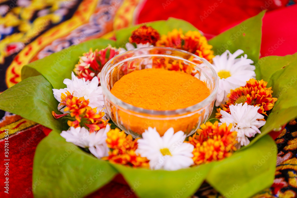 Traditional wedding ceremony in Hinduism: Turmeric in bowl for haldi ...
