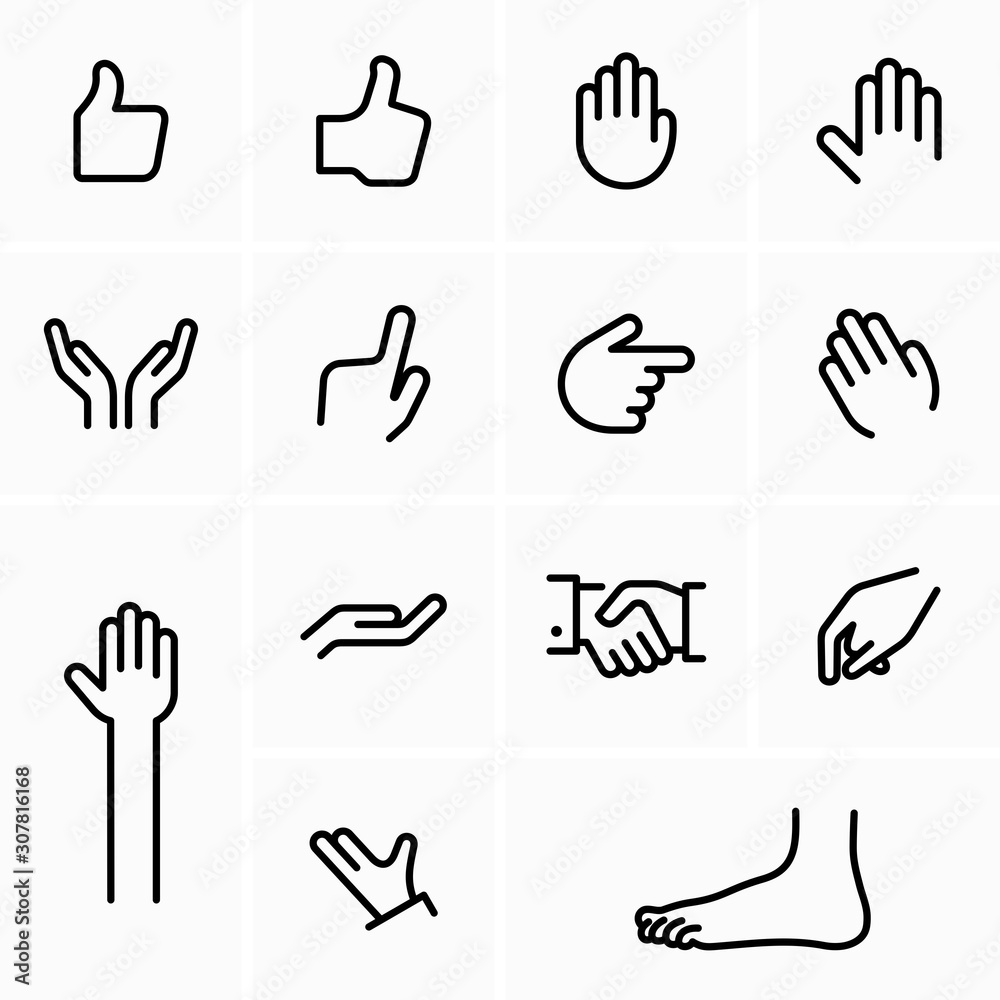 Hand poses, signs, gestures and foot Stock Illustration | Adobe Stock