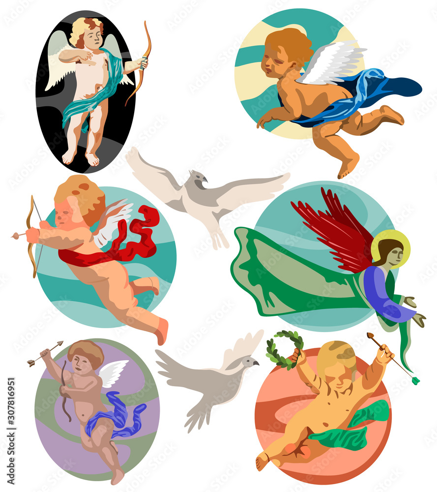 Set of cherubs and angels in the Renaissance style. Sinless children in ...