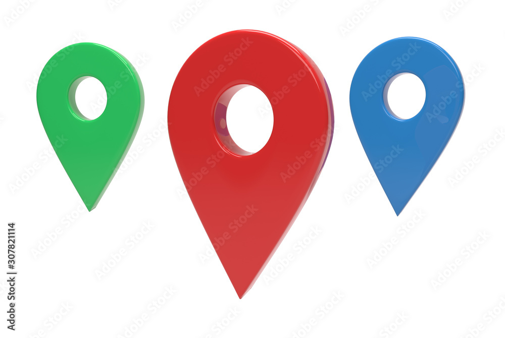 Blue, red and green map pointer 3d pin. Location symbol isolated on ...