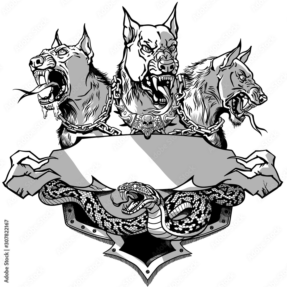 Cerberus hell hound and angry snake. Mythological three headed dog the ...