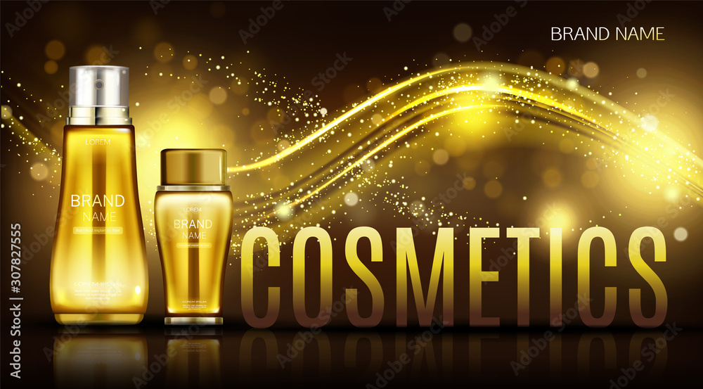 Cosmetics bottles mock up banner, repair beauty skin care product tubes ...