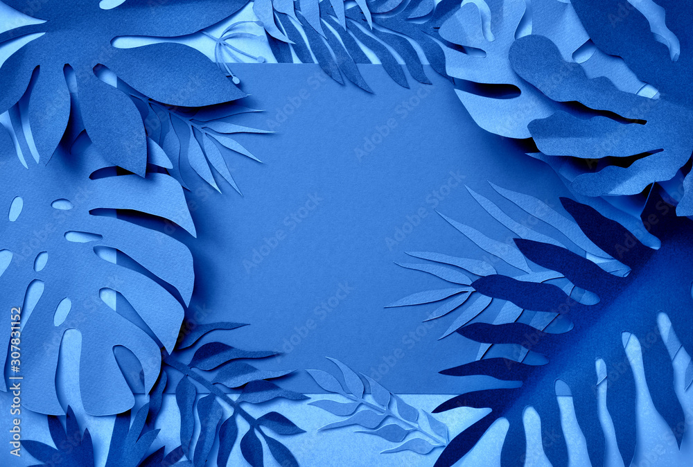 Tropical leaves tinted in classic blue color. Handcraft Creative ...