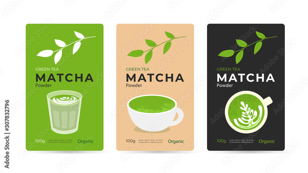 Vetor de Green tea matcha powder packaging design concept. Set of ...