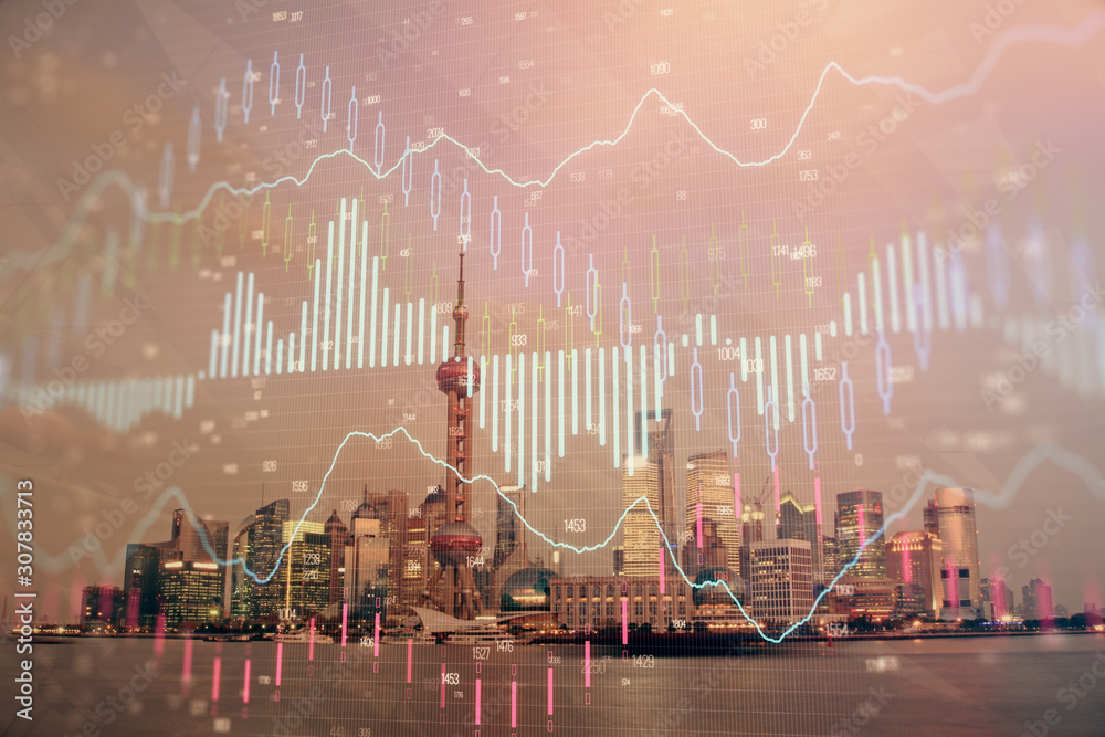 Forex chart on cityscape with tall buildings background multi exposure ...