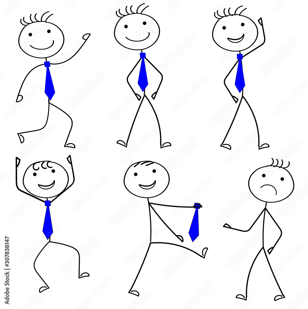 Vetor de Cartoon stick man drawing of six male businessmen in various ...