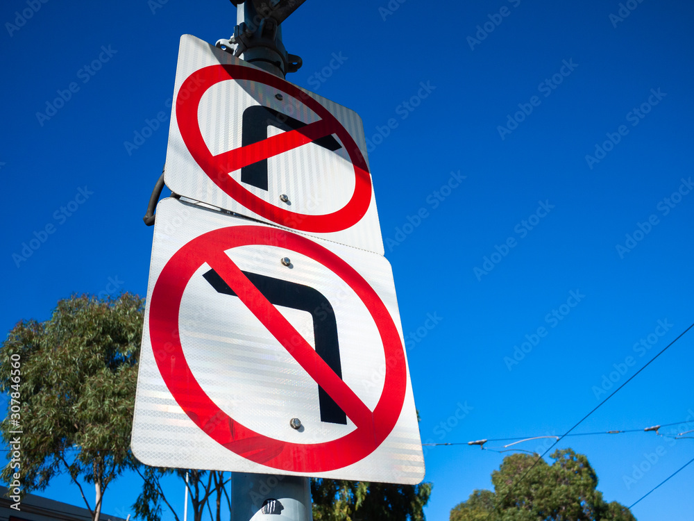 Traffic sign of No Left Turn and No Right Turn. Melbourne, Victoria ...