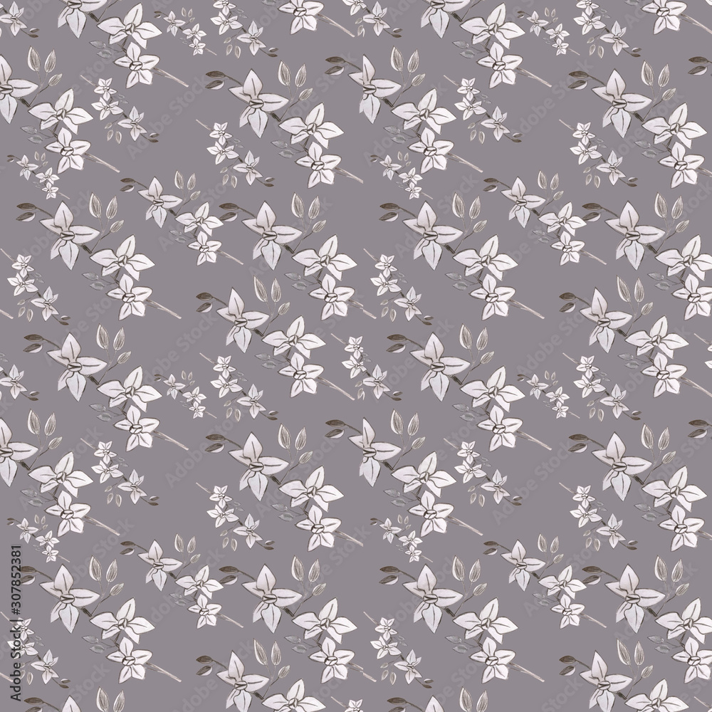 White orchids on grey background. Seamless orchids pattern. Floral pattern. Pencil hand drawing ...