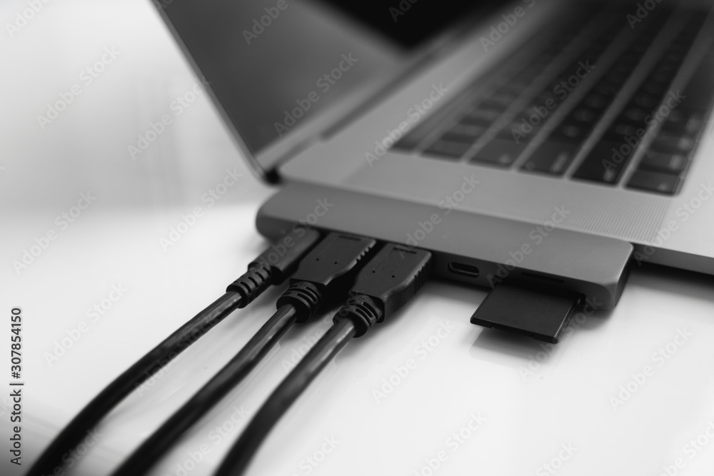 Laptop with USB Type-C adapter with pluged USB cables and SD card. The ...