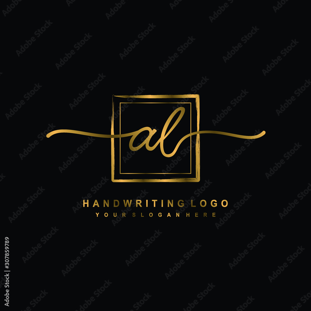 Vetor de Initial AL handwriting logo design, with brush box lines gold ...