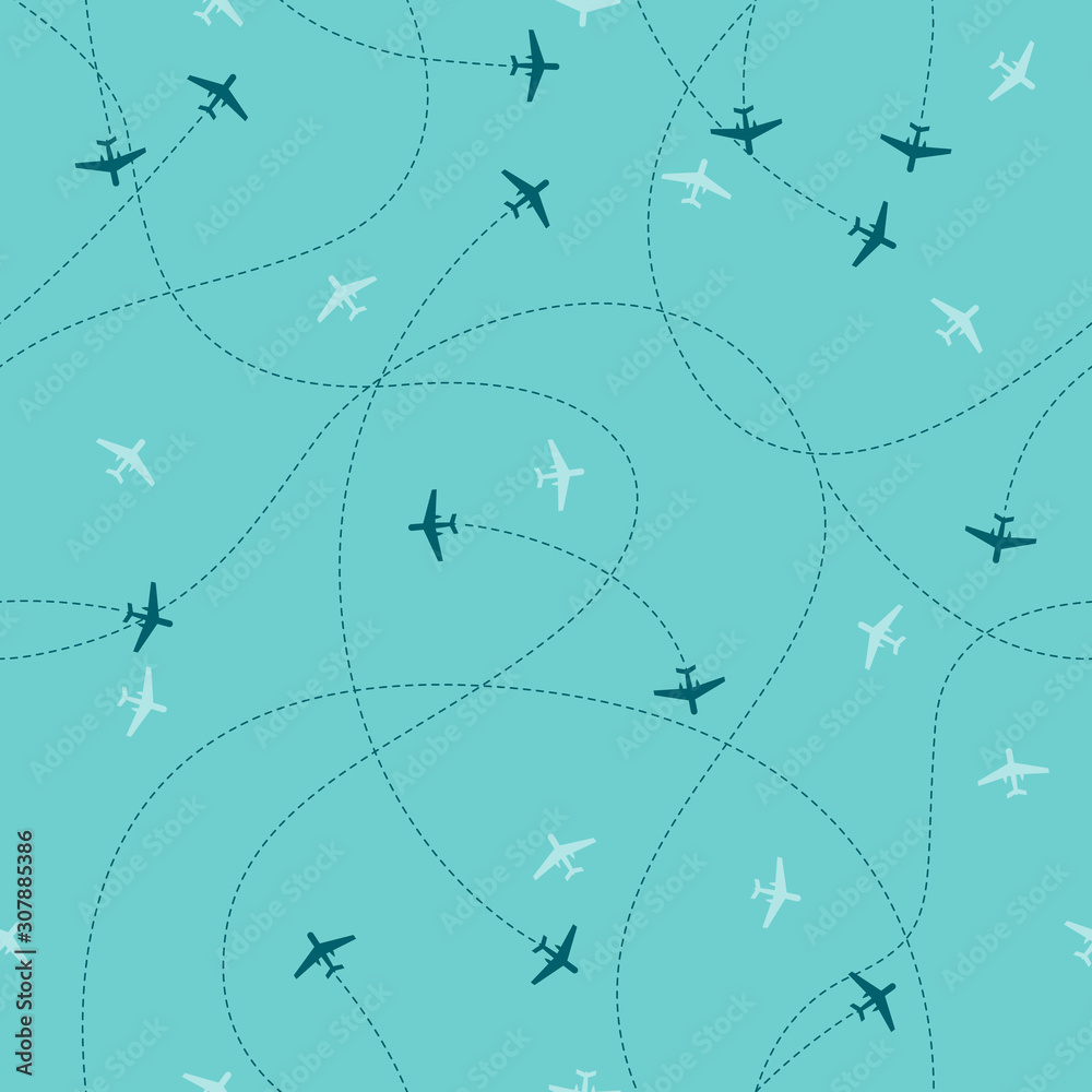 Airplane line path - seamless pattern on sky blue background. Stock ...