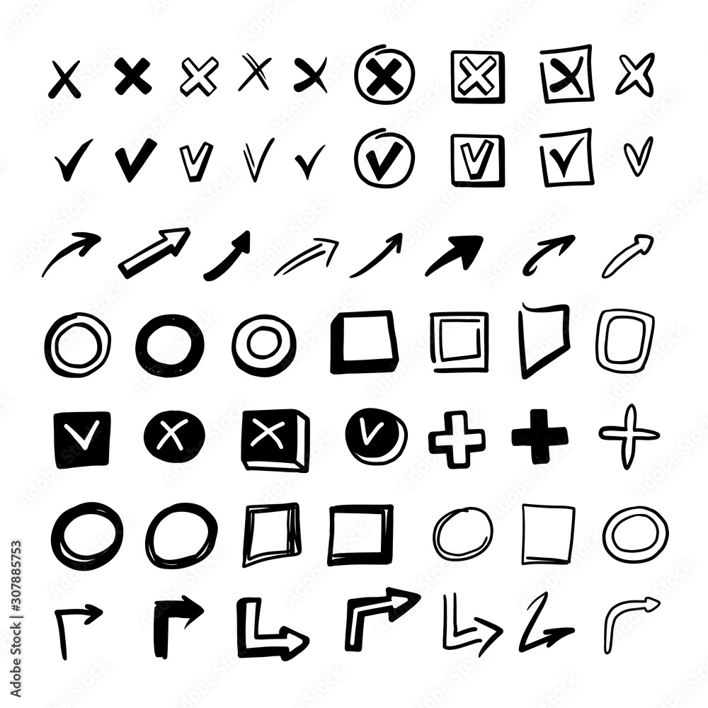 Hand drawn doodle style check mark set isolated on white background ...