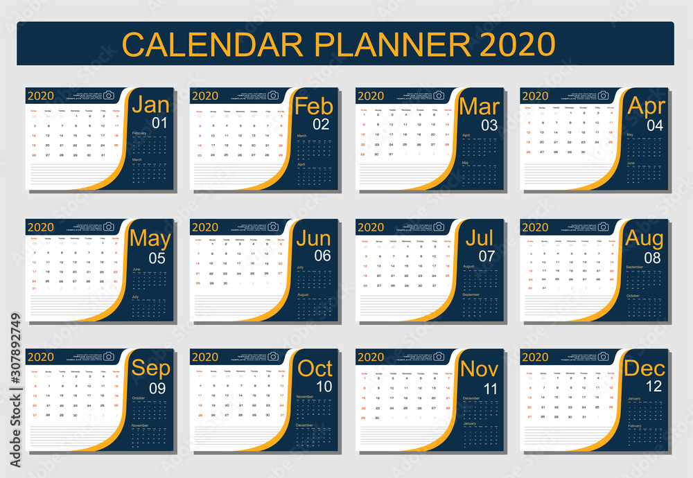 2020 Calendar Planner Design. Monthly scheduler. Week starts on Sunday ...