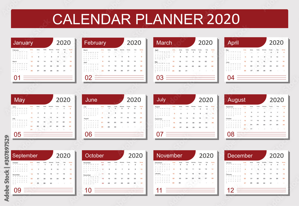 2020 Calendar Planner Design. Monthly scheduler. Week starts on Sunday ...