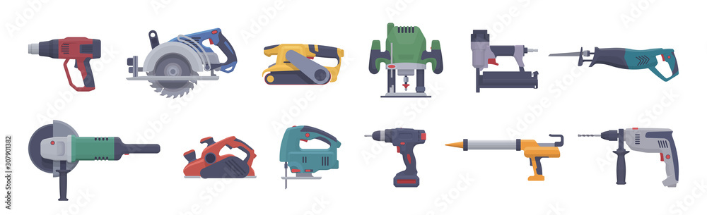 Vector power tool set. Isolated electric tools. Flat illustration Stock ...