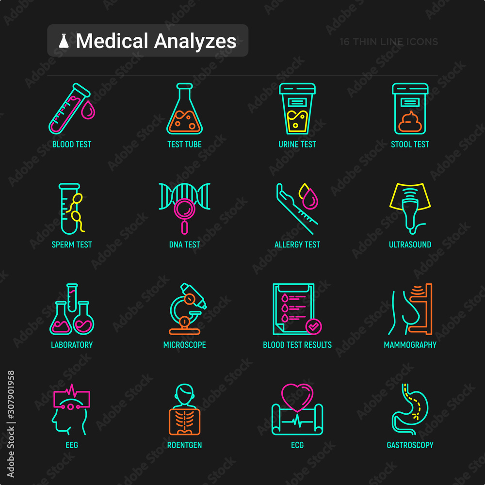 Medical analyzes thin line icons set: blood test, urine test, stool ...