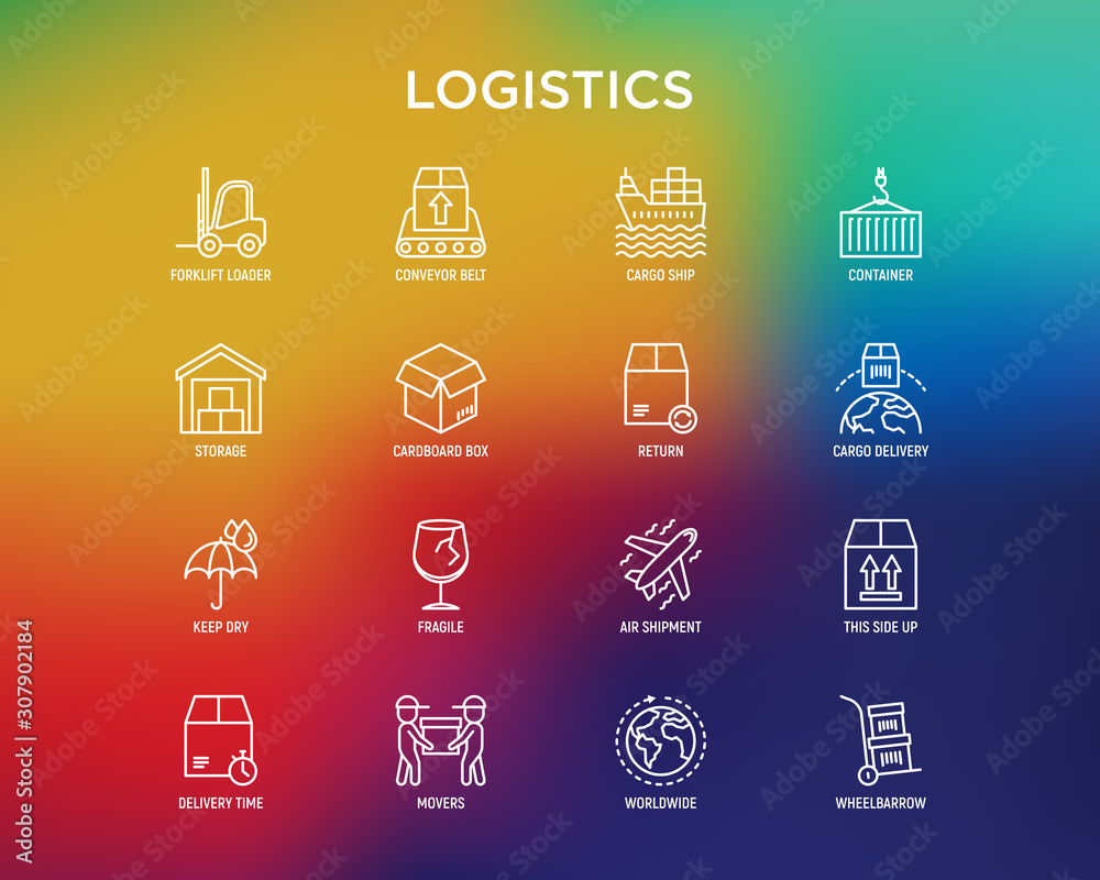 Logistics thin line icons set: forklift loader, conveyor belt ...