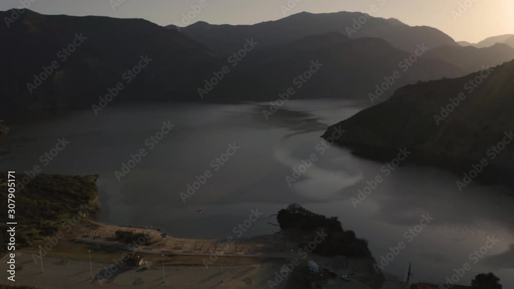 Predawn aerial view of Pyramid Lake, a recreational destination formed ...