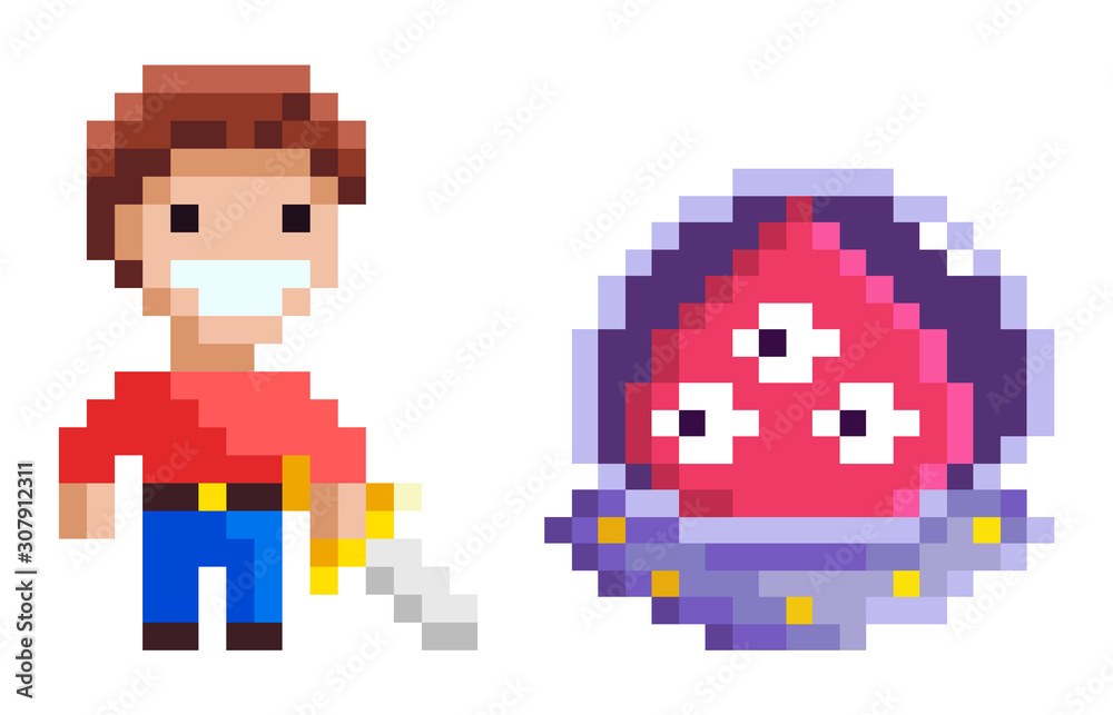 Knight holding steel and ufo characters element of pixel game, monster ...